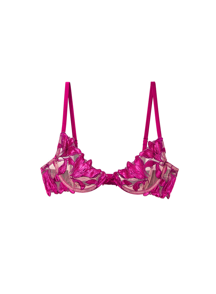 Magenta Lily Embroidery Plunge Demi Bra | Fleur du Mal